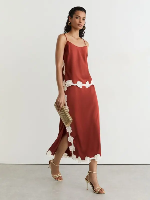 REISS Satin Midi Skirt With Floral Lace Trim