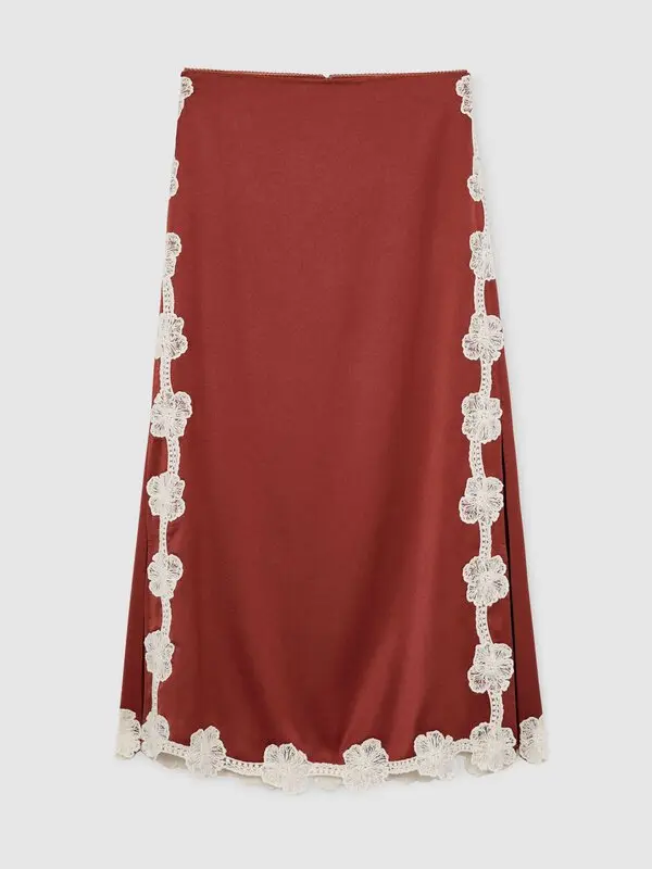 REISS Satin Midi Skirt With Floral Lace Trim