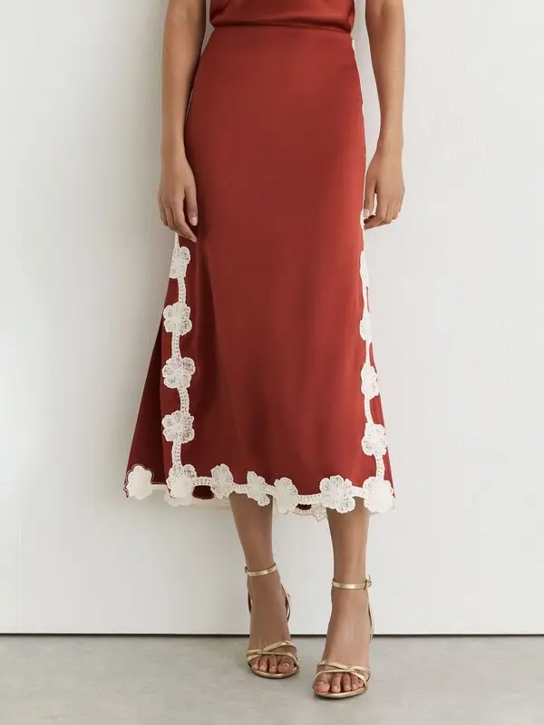 REISS Satin Midi Skirt With Floral Lace Trim