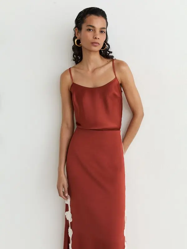 REISS Satin Midi Skirt With Floral Lace Trim
