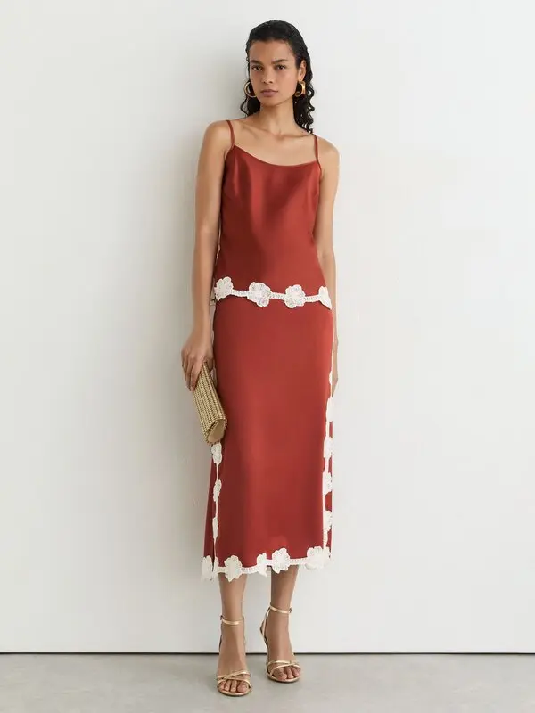 REISS Satin Midi Skirt With Floral Lace Trim