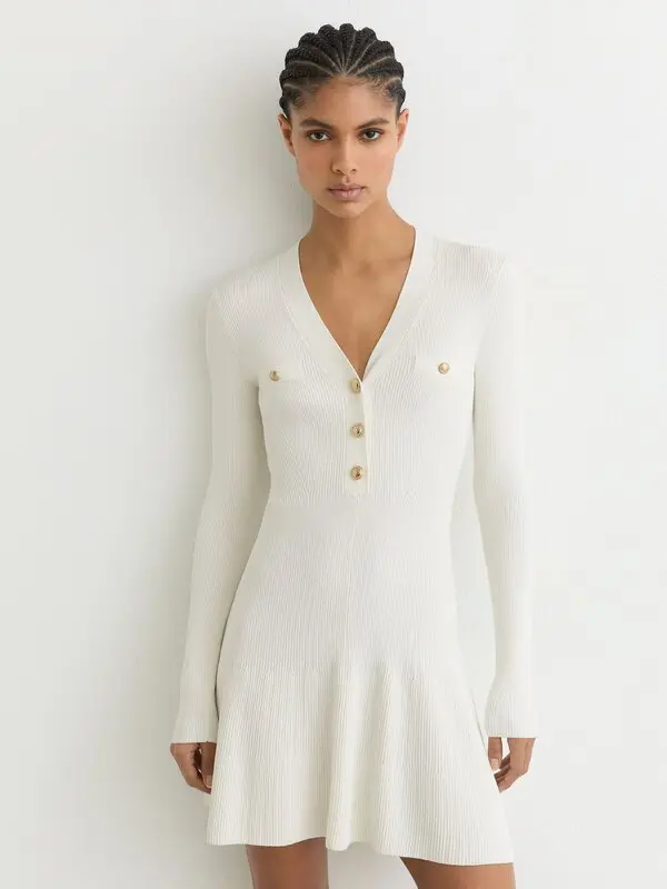 REISS Lavelle Knitted Button-detail Mini Dress - Cream
