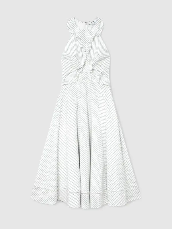 REISS Striped Ruffle-trim Midi Dress - White/grey
