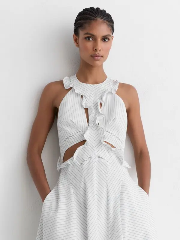 REISS Striped Ruffle-trim Midi Dress - White/grey