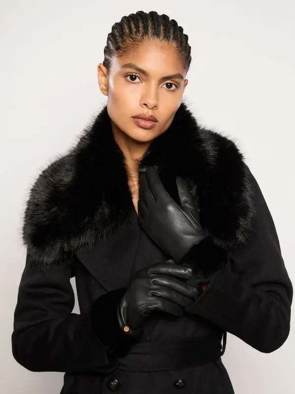 REISS Shearling Cuff Leather Gloves - Black