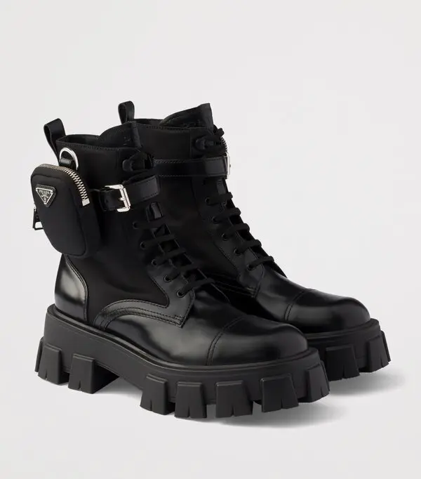 Prada Leather & Re-nylon Monolith Combat Boots - Black