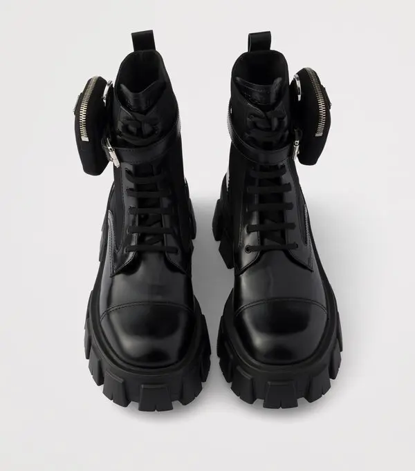 Prada Leather & Re-nylon Monolith Combat Boots - Black