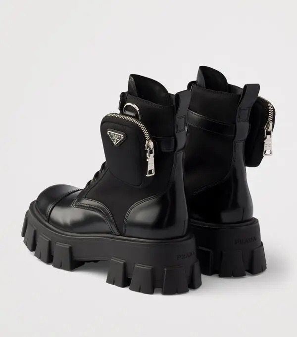 Prada Leather & Re-nylon Monolith Combat Boots - Black