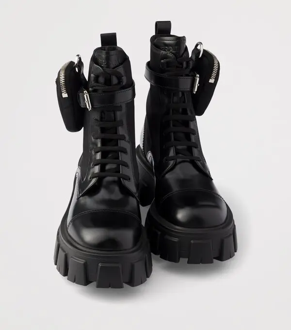 Prada Leather & Re-nylon Monolith Combat Boots - Black
