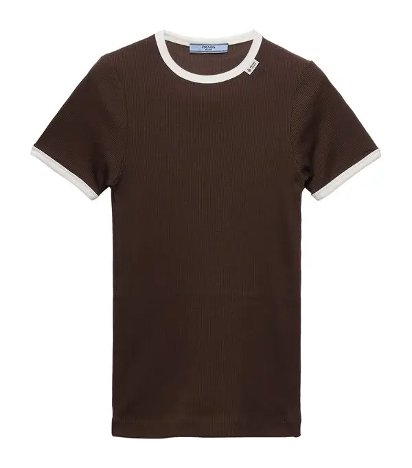 Prada Contrast-trim Ribbed T-shirt - Brown