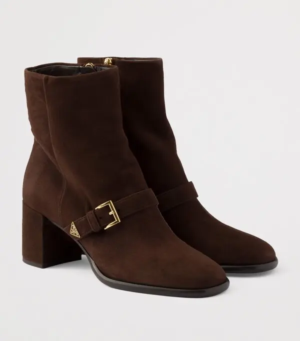 Prada Suede Buckle Ankle Boots - Brown