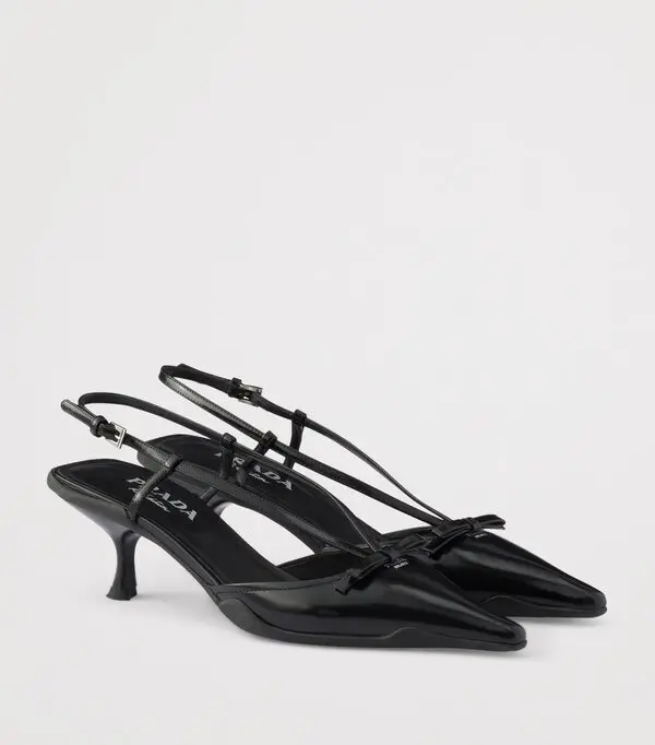 Prada Brushed Leather Slingback Pumps With Bow Detailing - Black