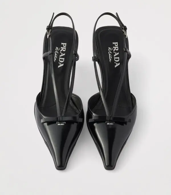 Prada Brushed Leather Slingback Pumps With Bow Detailing - Black