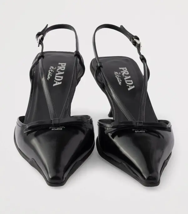 Prada Brushed Leather Slingback Pumps With Bow Detailing - Black