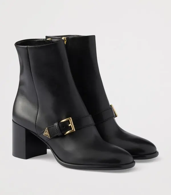 Prada Leather Buckle Ankle Boots - Black