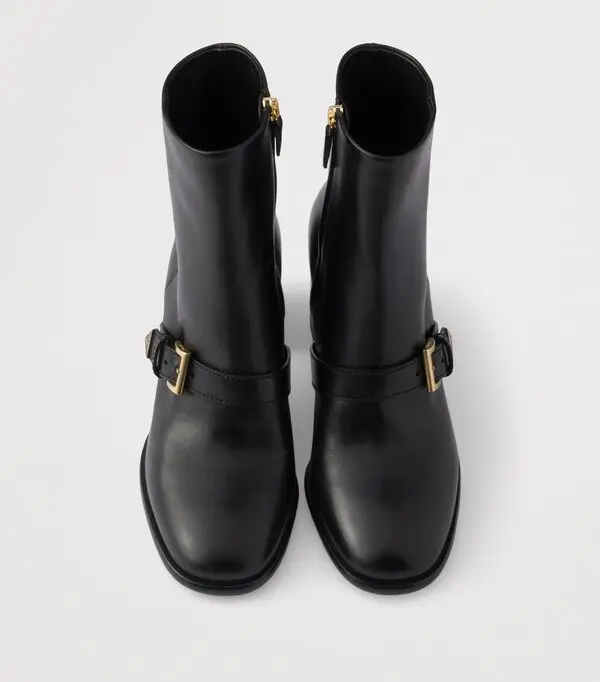 Prada Leather Buckle Ankle Boots - Black