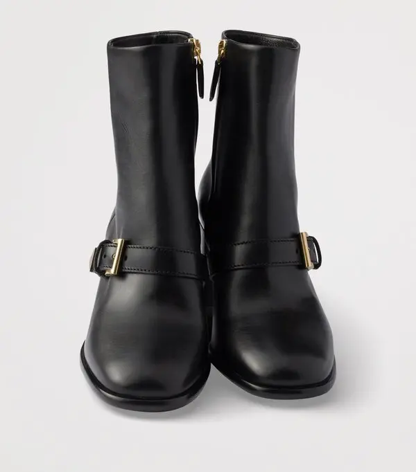Prada Leather Buckle Ankle Boots - Black