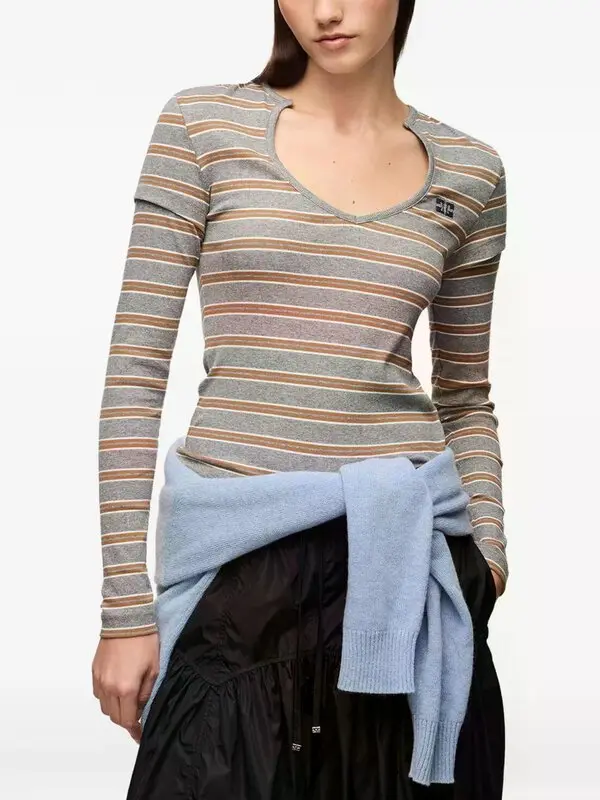 GANNI Striped Cut-out V-neck Long Sleeve Top - Grey