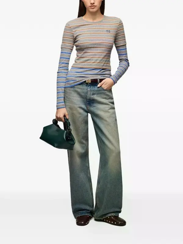 GANNI Long-sleeve Top With Double Stripe And Logo Patch - Grey