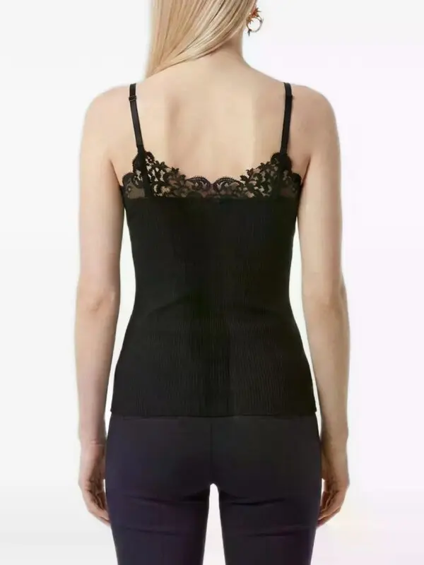 Saint Laurent Ribbed Silk Knit Guipure Lace Trim V-neck Camisole