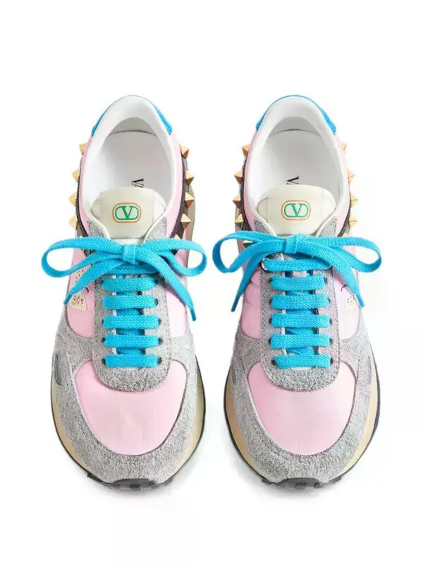 Valentino Garavani Studded Leather And Nylon Trainers With Butterfly Embroidery