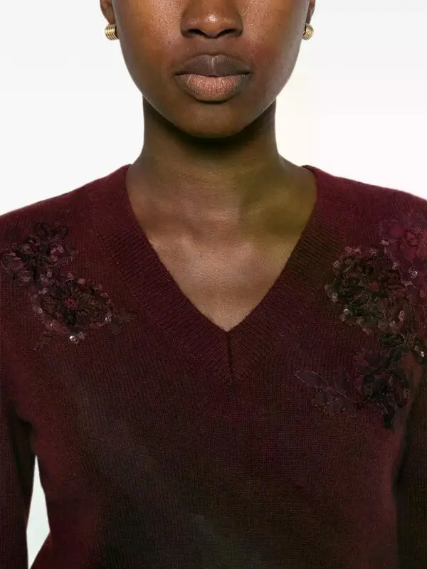SELF-PORTRAIT Sequin-embellished Floral Patch V-neck Sweater