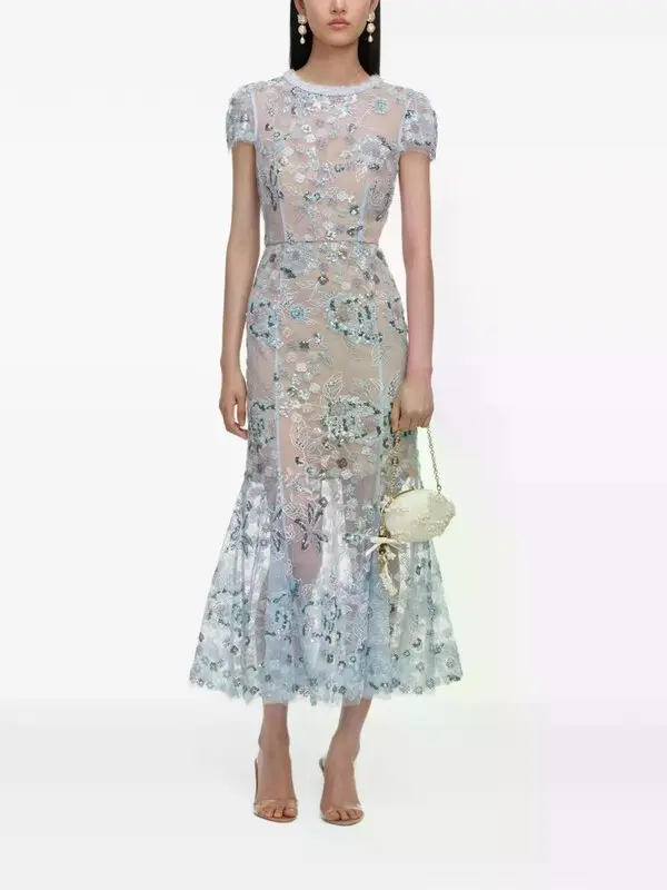 SELF-PORTRAIT Sequin-embellished Floral-lace Midi Dress - Blue