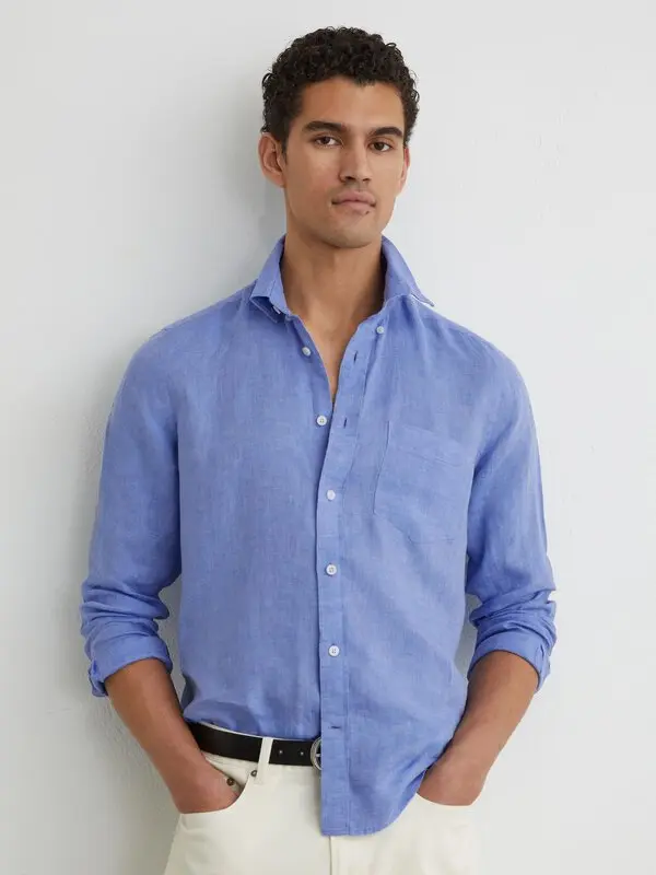 REISS Linen Regular-fit Button-down Shirt - Buddy Blue