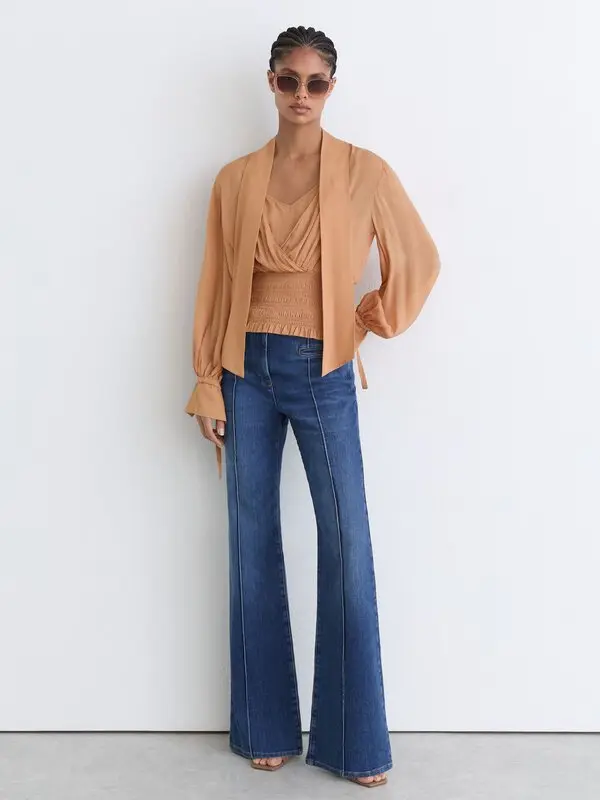 REISS Sheer Tie-neck Shirred Blouse