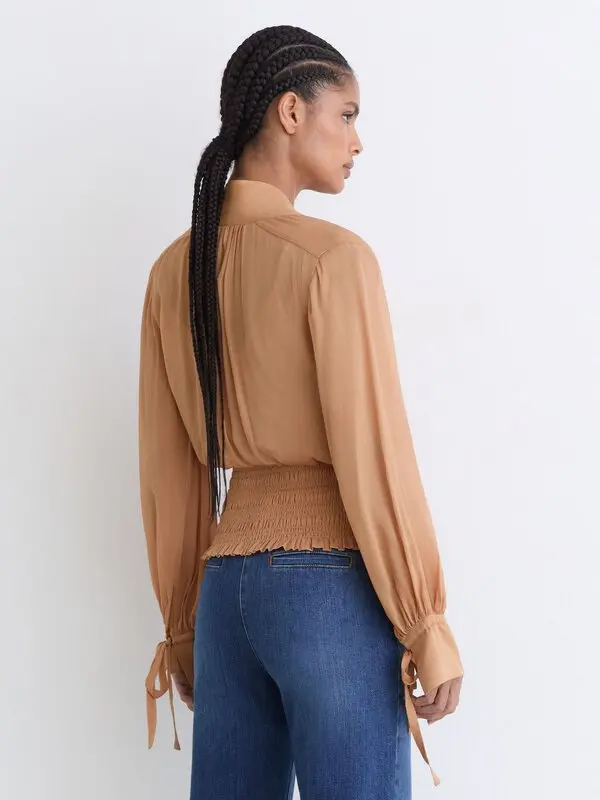 REISS Sheer Tie-neck Shirred Blouse