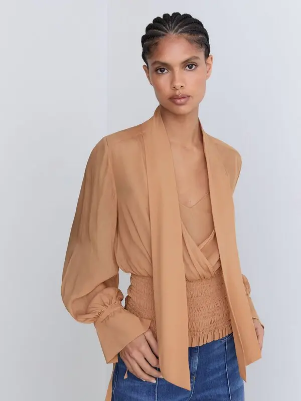 REISS Sheer Tie-neck Shirred Blouse