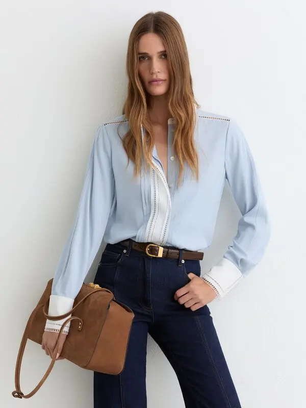 REISS Blue & Lace-trim Tipped Long-sleeve Shirt - Blue/ivory