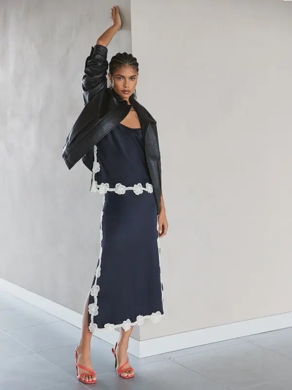 REISS Satin Midi Skirt With Floral Lace Trim - Navy