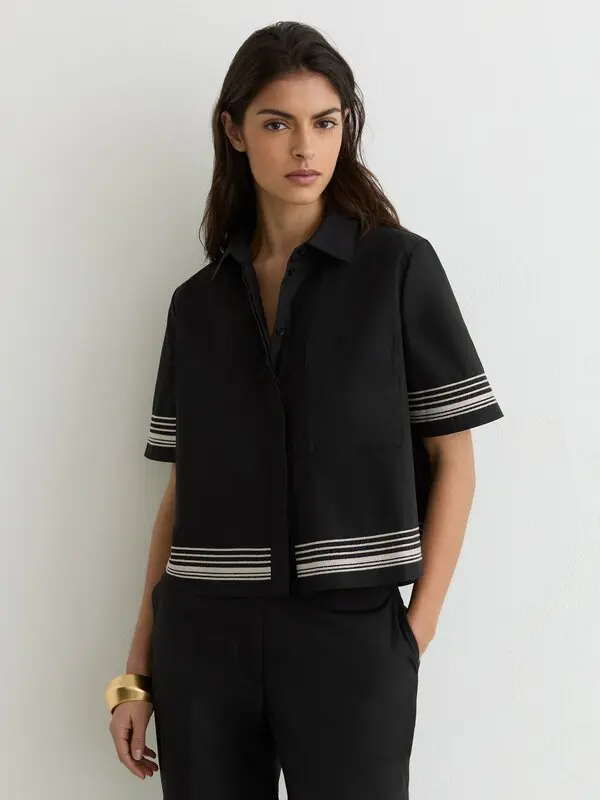 REISS Cotton Stripe-detail Boxy Shirt - Black/ivory