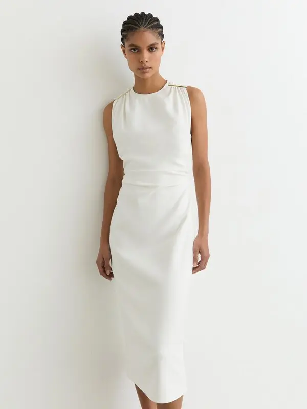 REISS Bronte Jersey Fitted Sleeveless Midi Dress - Cream