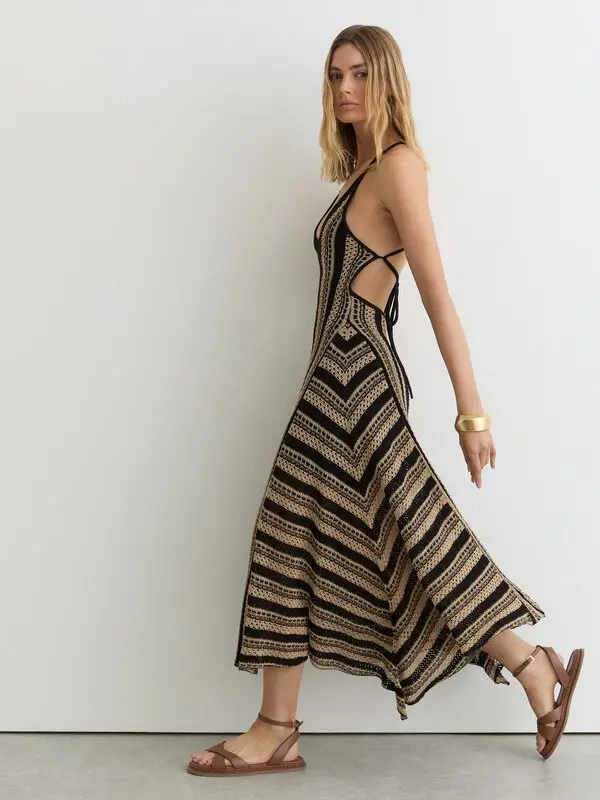 REISS Crochet-knit Striped Tie-back Maxi Dress - Black/beige