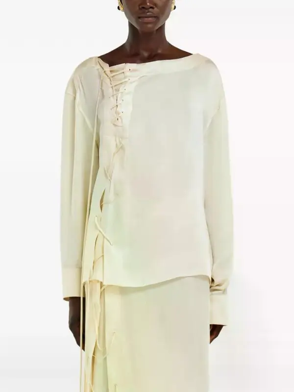 FERRAGAMO Satin Boat Neck Blouse With Asymmetrical Pleat And Lacing Detail - Ivory