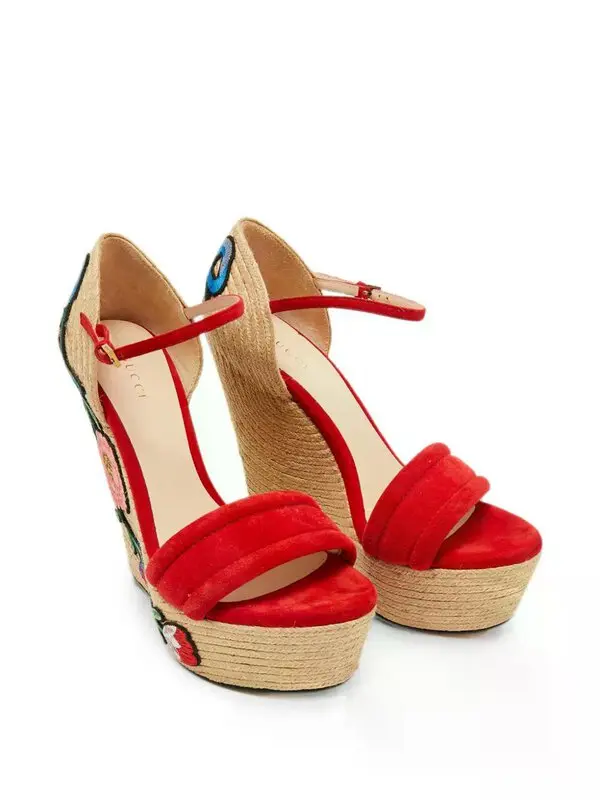 Gucci Ophelia Floral Embroidered Wedge Sandals