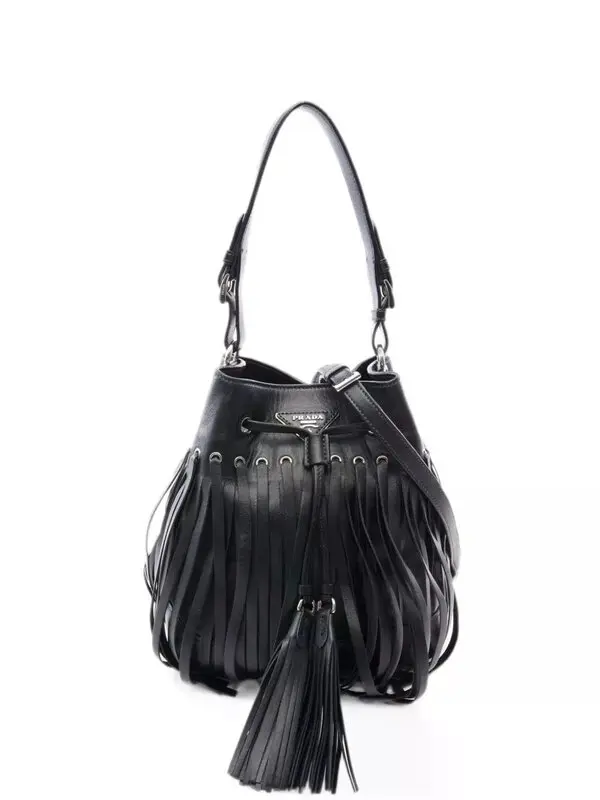 Prada 2000s Triangle-logo Fringe Bucket Bag - Black