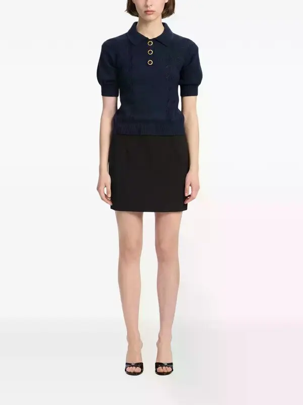 Alessandra Rich Navy Pointelle-knit Puff-sleeve Polo Top