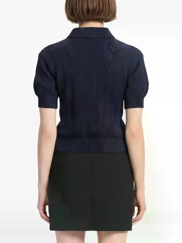 Alessandra Rich Navy Pointelle-knit Puff-sleeve Polo Top