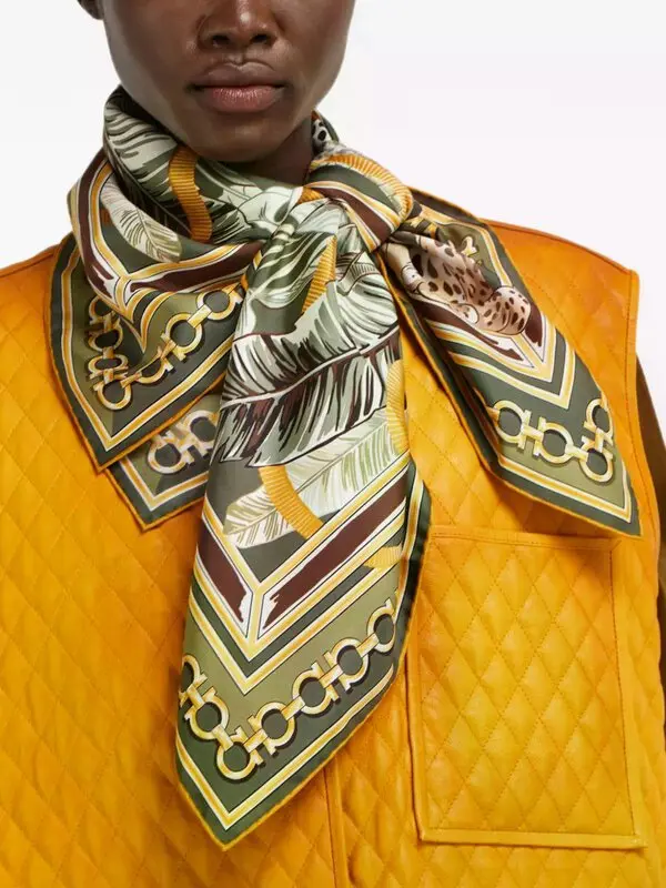 FERRAGAMO Feline-print Silk Foulard Scarf - Green