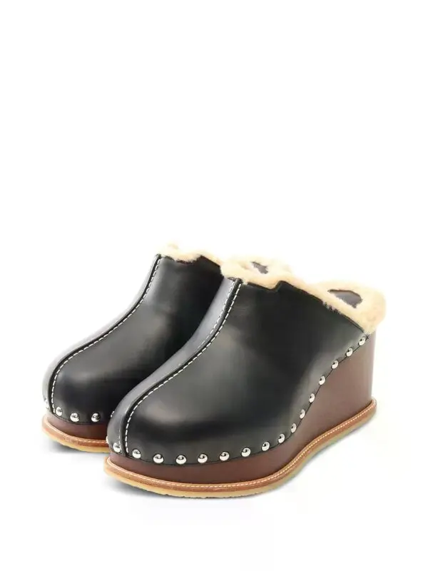 Hermès Shearling Wedge Mules - Black