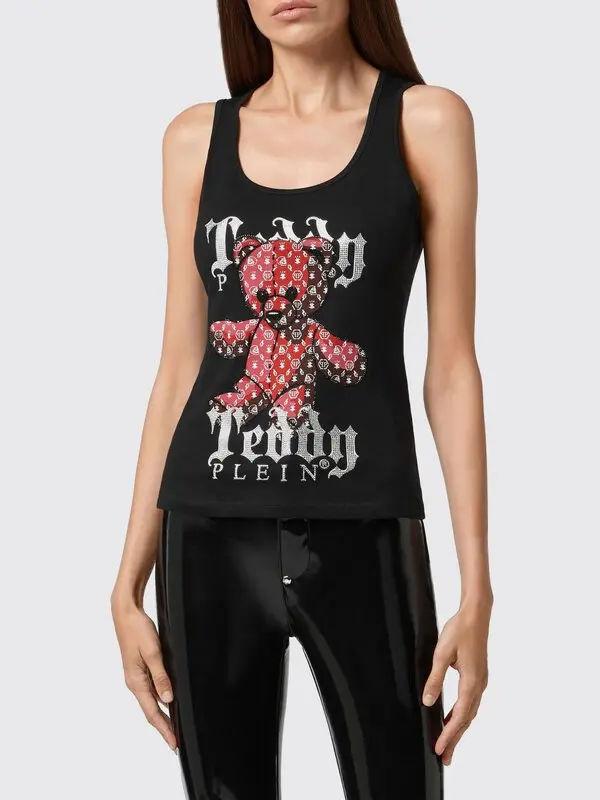 Philipp Plein Slim Fit Teddy Bear Print Jersey Tank Top With Square Neck - Black