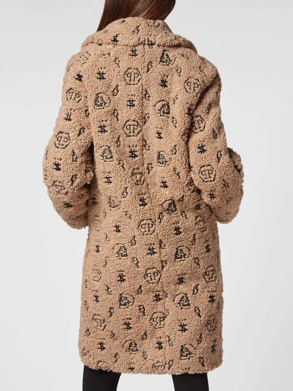 Philipp Plein Double-breasted Faux Fur Coat With Hexagon Logo - Beige