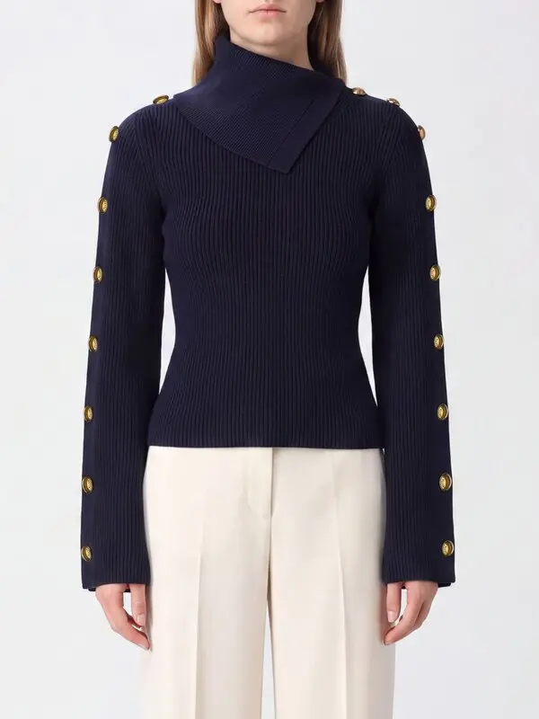 Elisabetta Franchi Slim Fit Ribbed Turtleneck Sweater With Metal Logo Detail - Blue