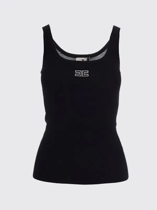 Elisabetta Franchi Slim Fit Wool Knit Top With Embroidered Logo - Black