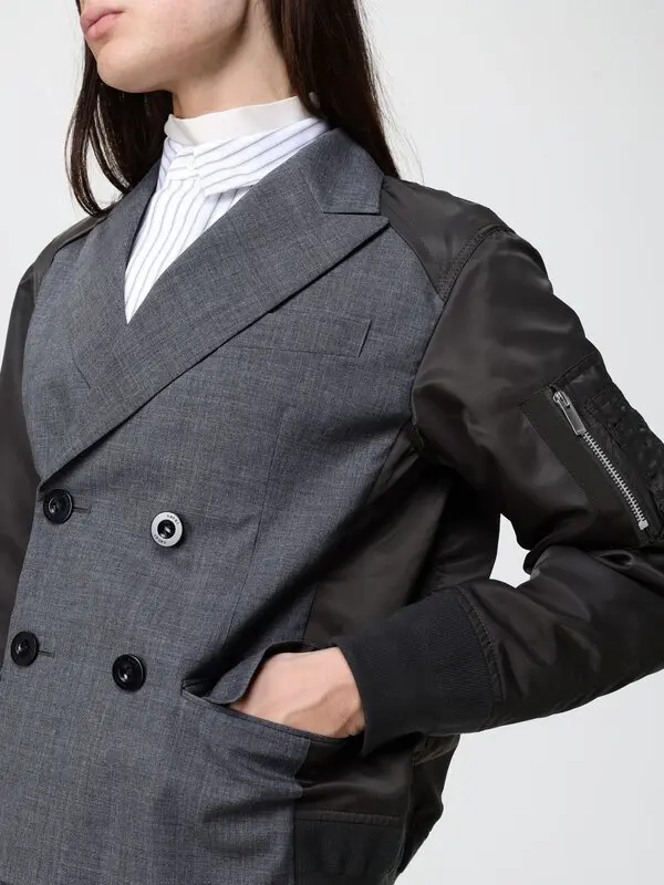 Sacai Slim Fit Double-breasted Short Coat In Wool With Nylon Inserts - Grey
