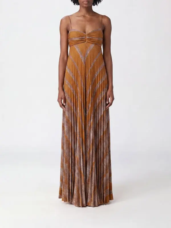 FORTE_FORTE Soleil Long Pleated Lurex Evening Gown With Square Neckline