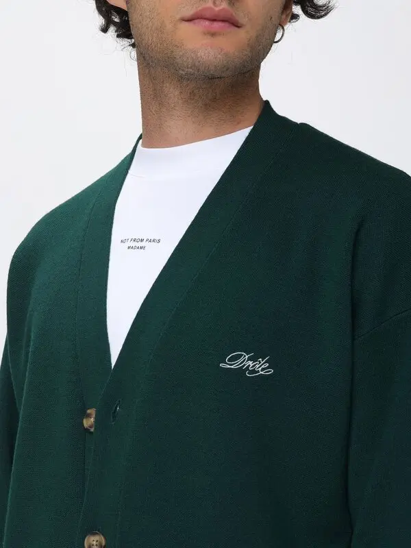Drole De Monsieur V-neck Wool Cardigan With Embroidered Logo - Forest Green